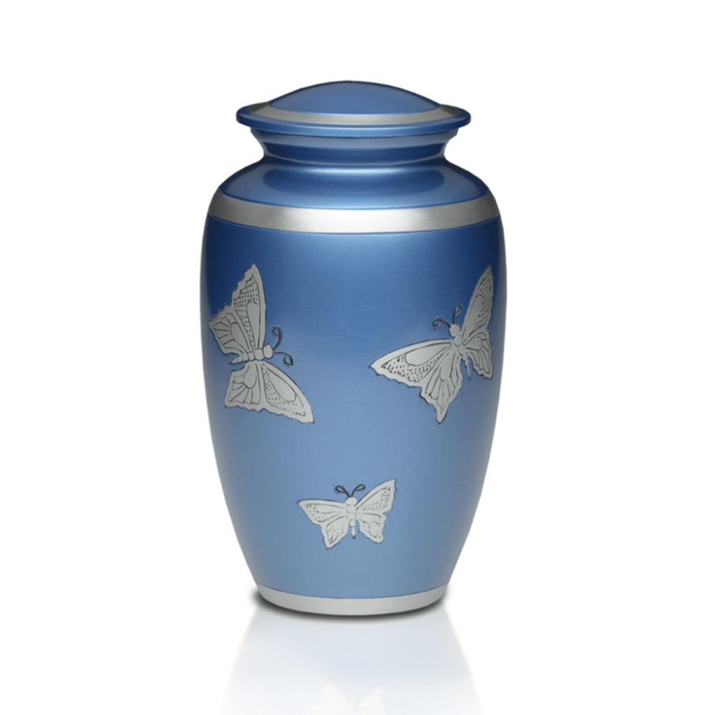 Adult Classic Alloy Blue Urn with Butterflies | Bogati Urn Company